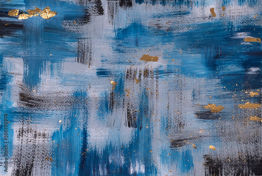 Hand-painted blue and gold acrylic painting. Abstract art background ...