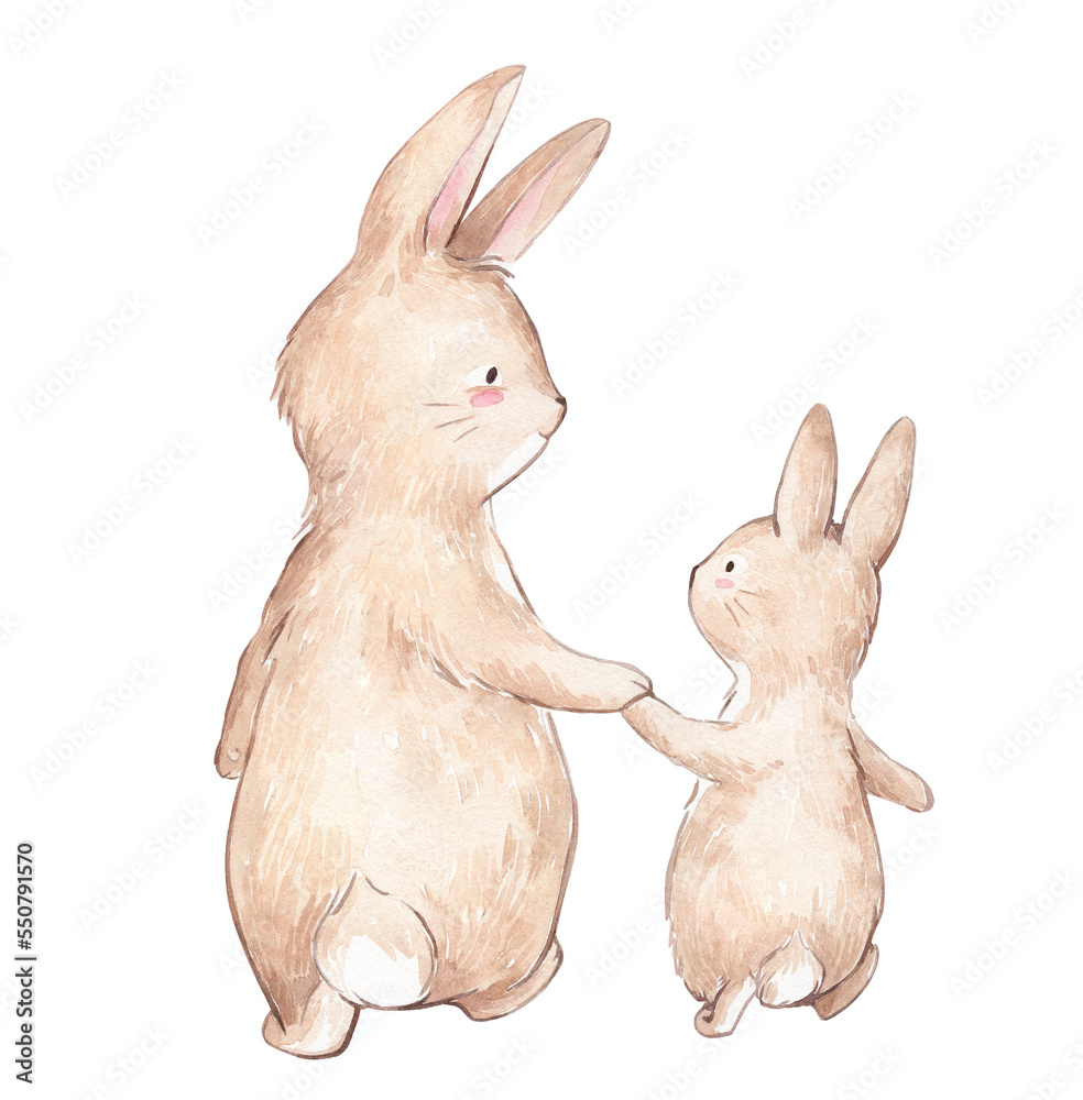 Watercolor Illustration of Dad and baby bunny walking together. Cartoon ...