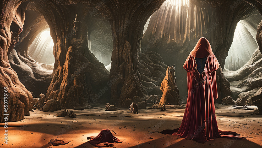 back view of a person in a red robe standing in a cave with light ...
