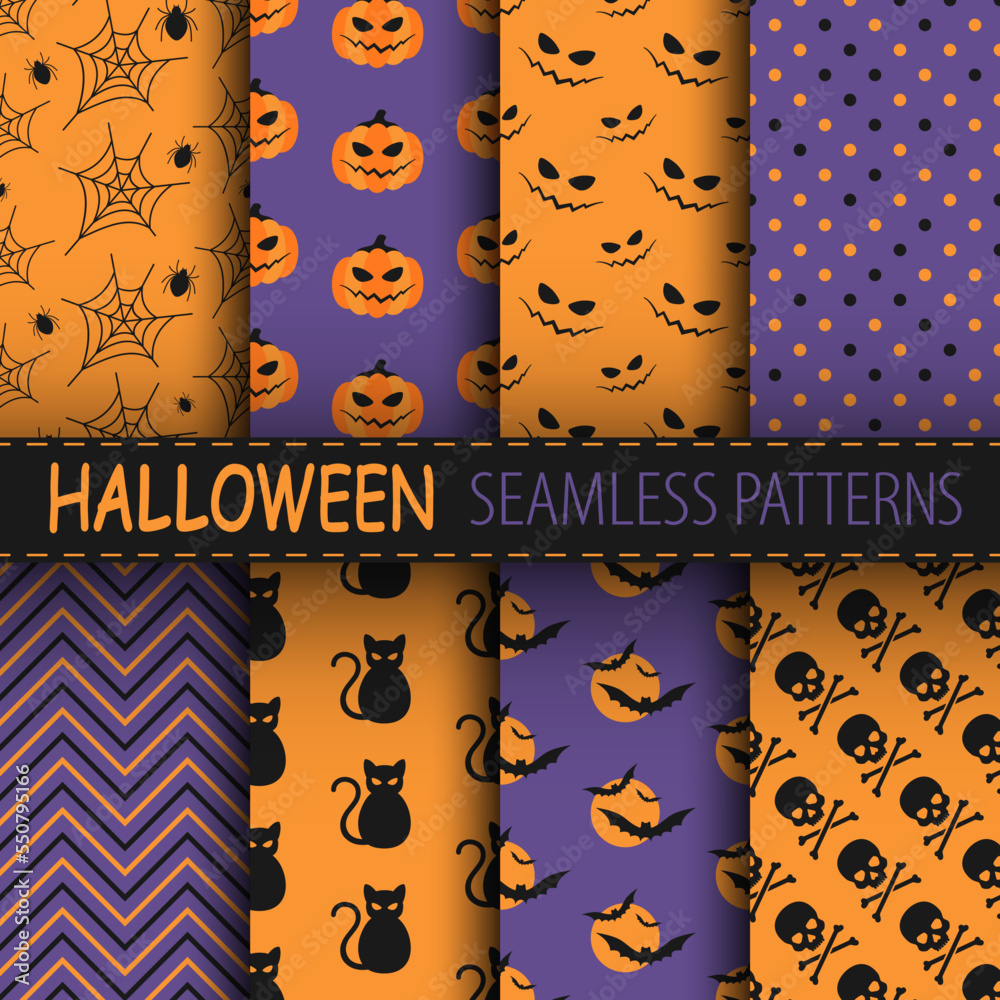 Pumpkins, spiders, bats, cats, skulls, and creepy faces. Vector ...