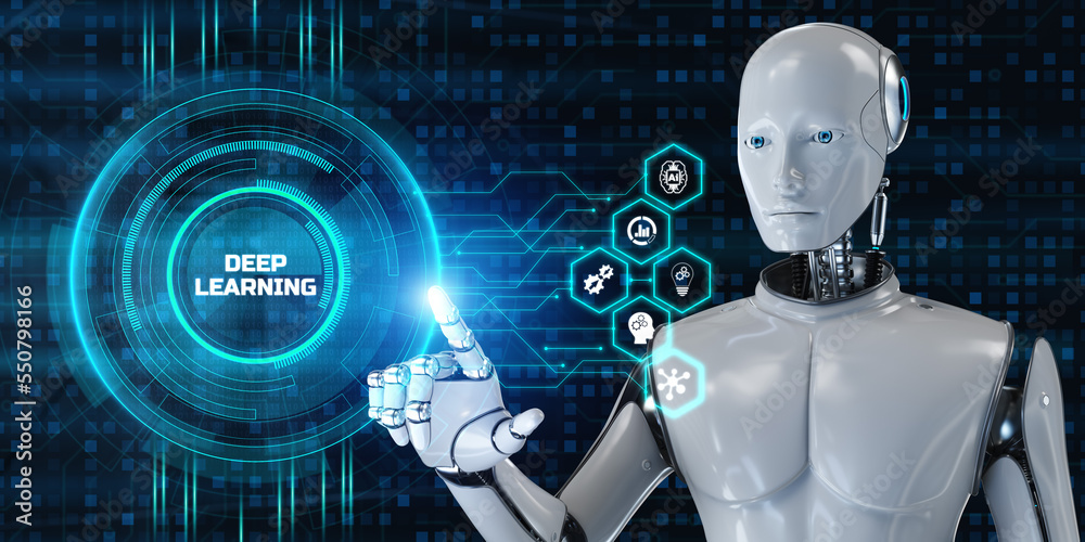 Deep learning artificial intelligence neural network. Robot pressing button on screen 3d render ...