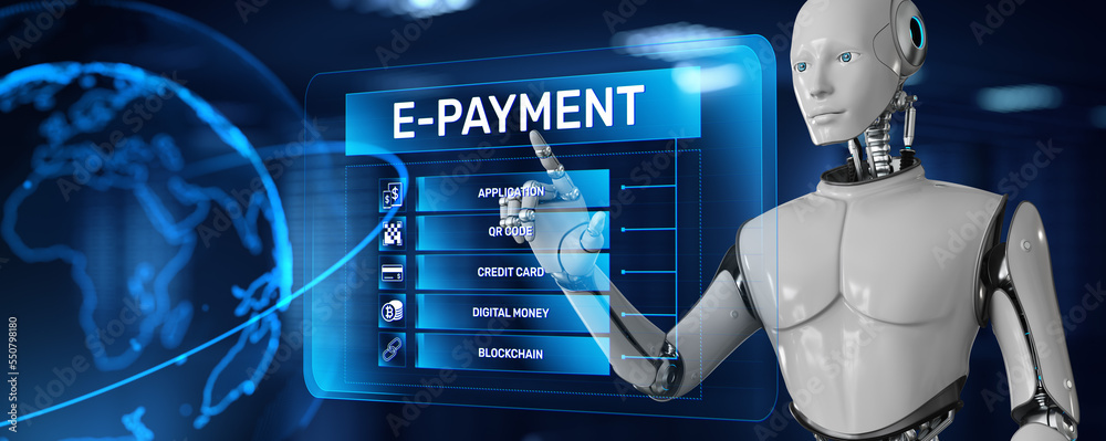 E-payment digital money internet banking. Robot pressing button on ...