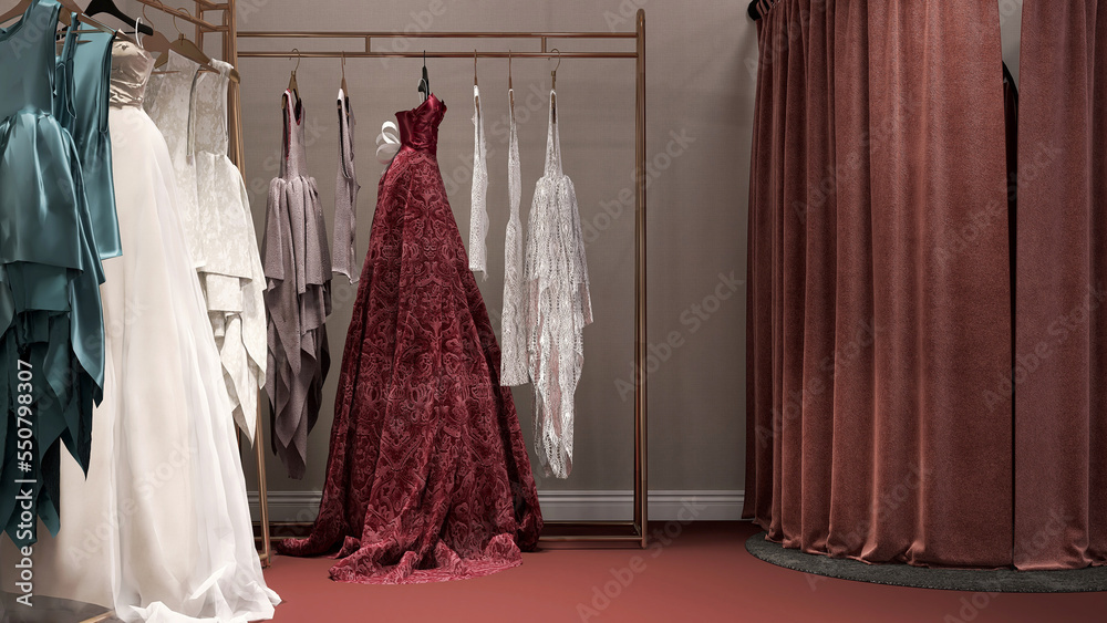Velvet red evening gown, white lace dress and modern satin clothes in ...
