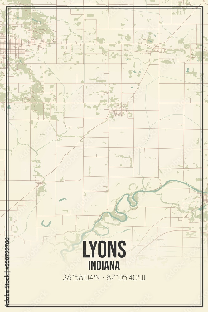 Poster Retro US city map of Lyons, Indiana. Vintage street map. – Wall ...