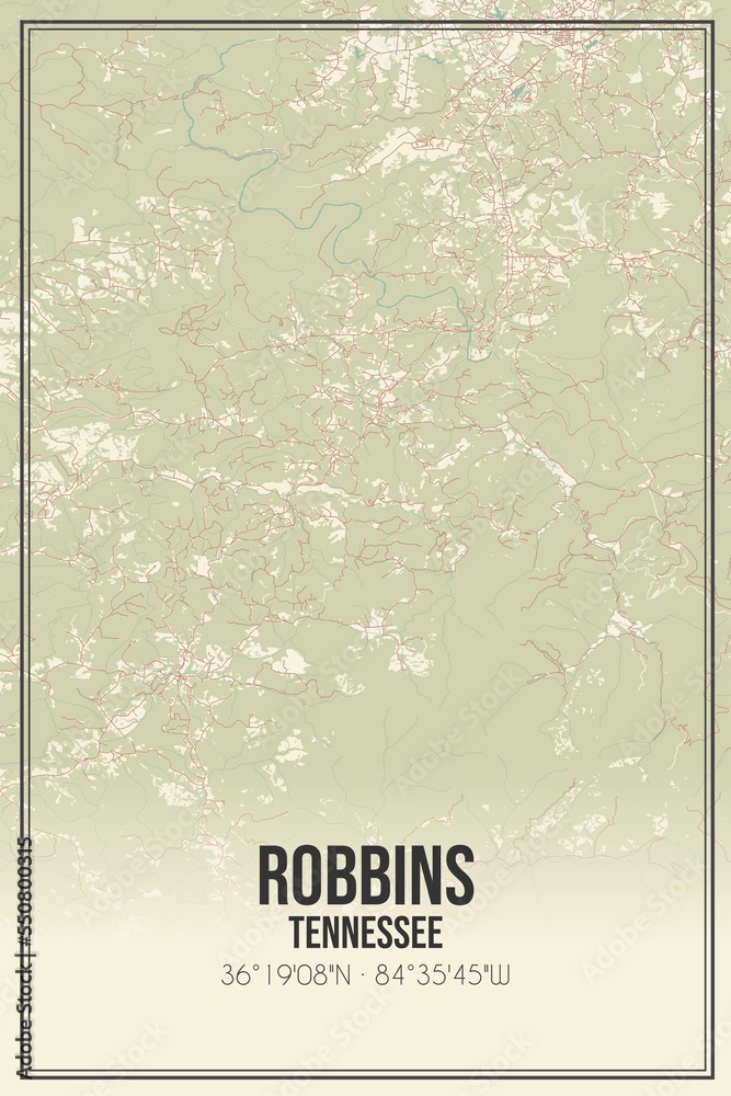 Poster Retro US city map of Robbins, Tennessee. Vintage street map ...