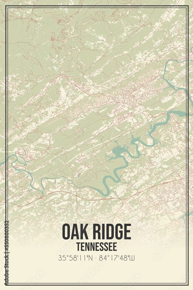 Retro US city map of Oak Ridge, Tennessee. Vintage street map. Stock ...