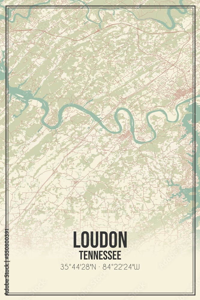 Retro US city map of Loudon, Tennessee. Vintage street map. Stock ...