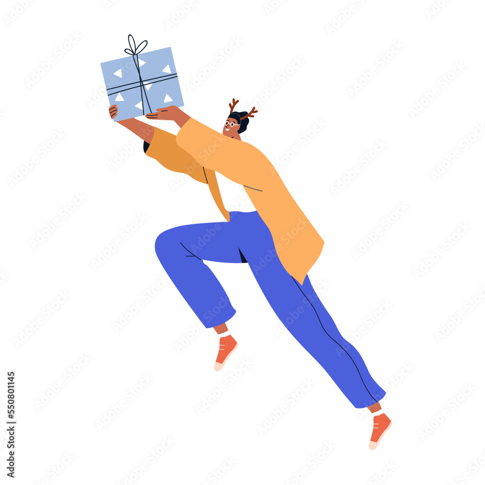 Happy person carrying Christmas gift box. Man rushing, running, holding ...