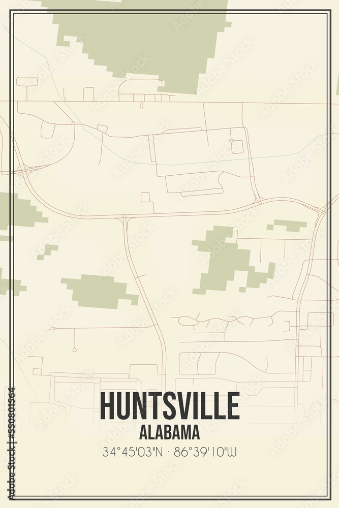 Retro US city map of Huntsville, Alabama. Vintage street map ...