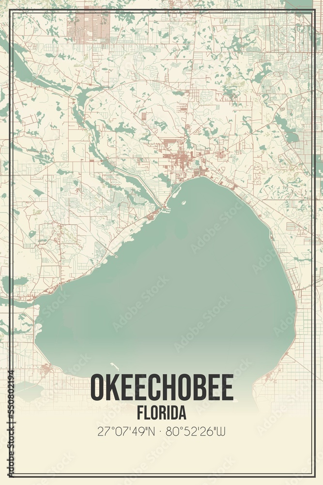 Retro US city map of Okeechobee, Florida. Vintage street map. Stock ...
