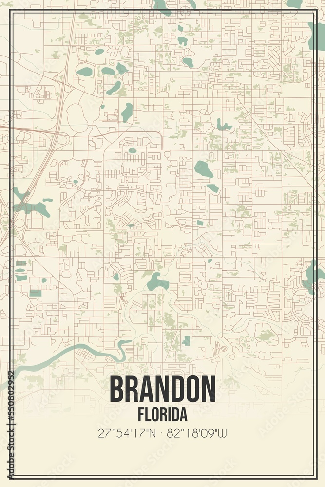 Poster Retro US city map of Brandon, Florida. Vintage street map ...
