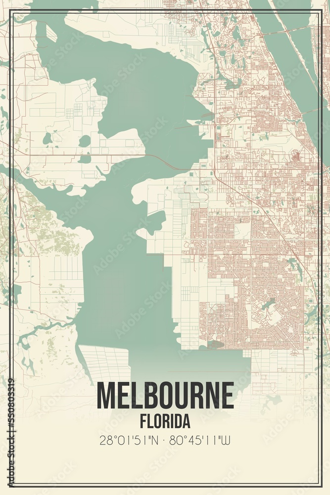 Retro US city map of Melbourne, Florida. Vintage street map. Stock ...