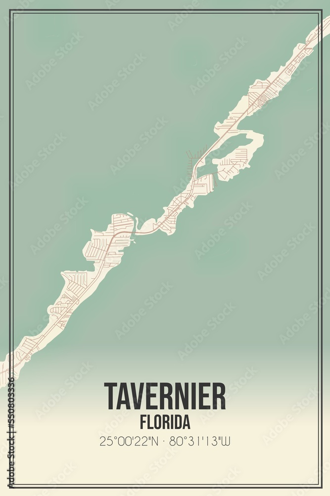 Retro US city map of Tavernier, Florida. Vintage street map. Stock ...