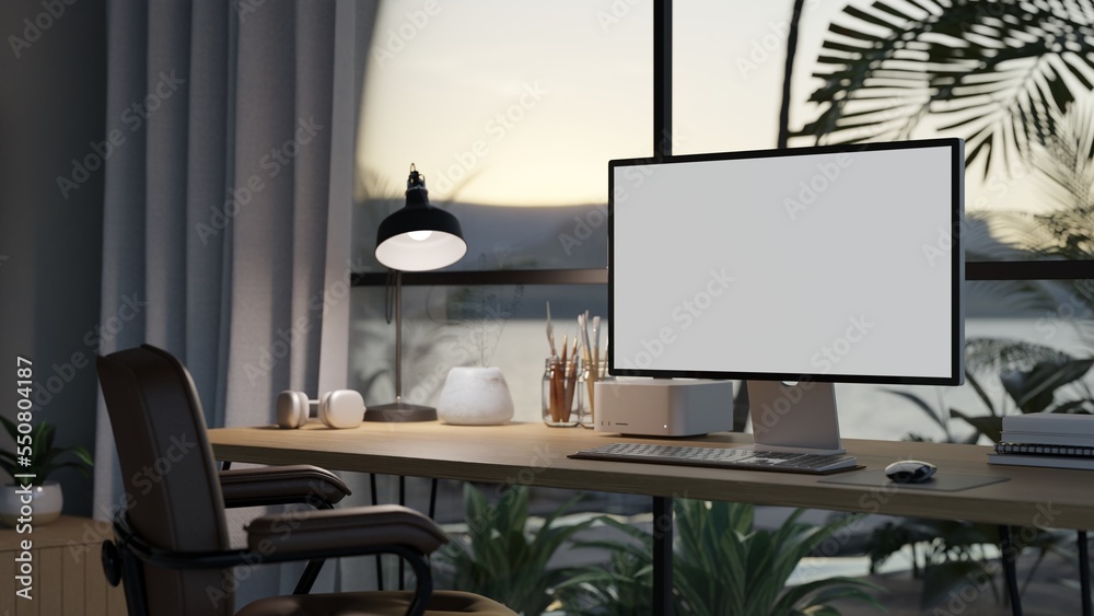 Modern contemporary home office with computer mockup against the window ...