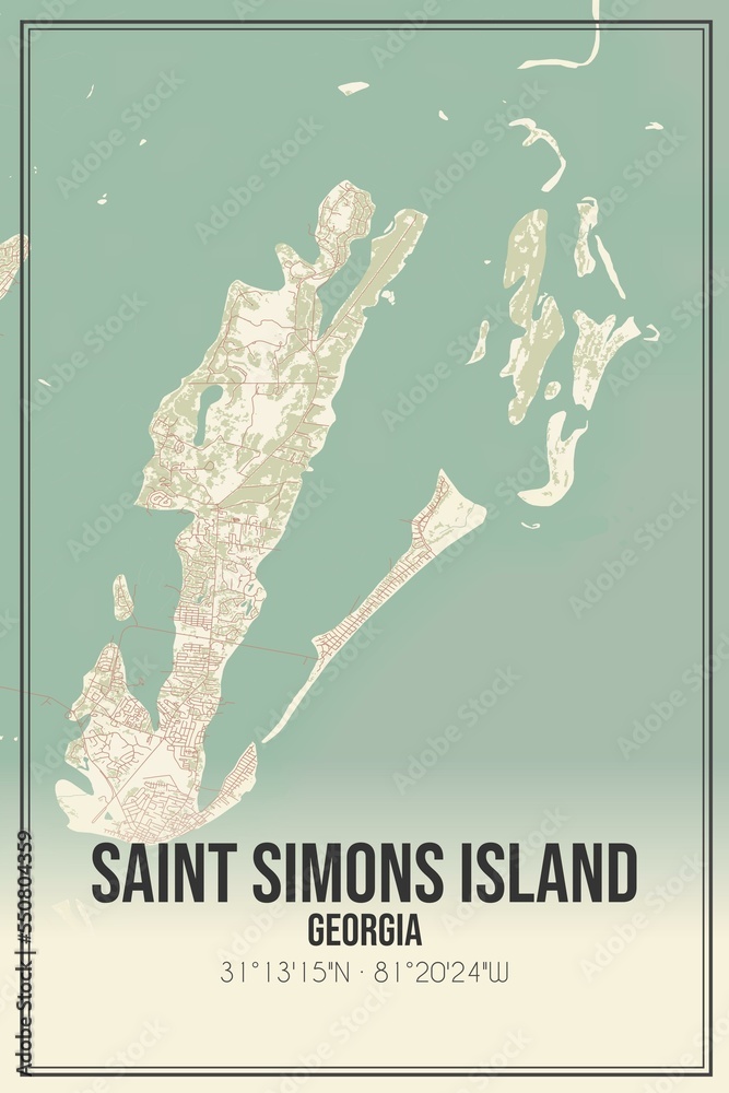 Retro US city map of Saint Simons Island, Georgia. Vintage street map ...