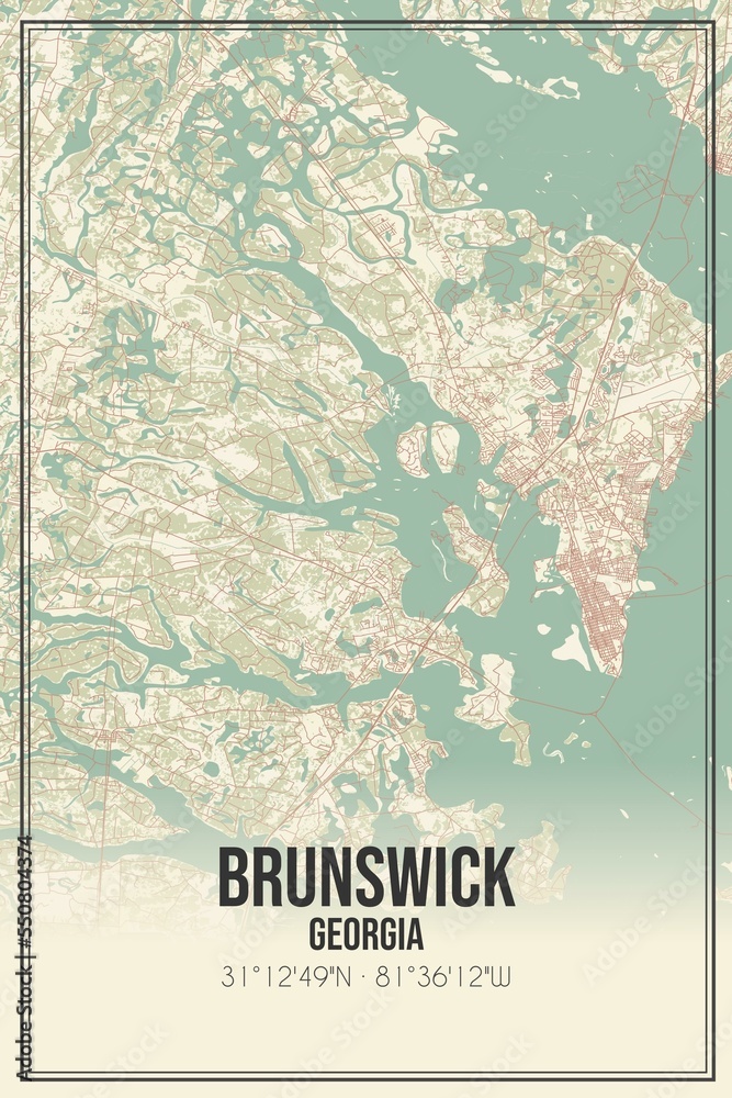 Retro US city map of Brunswick, Georgia. Vintage street map. Stock ...