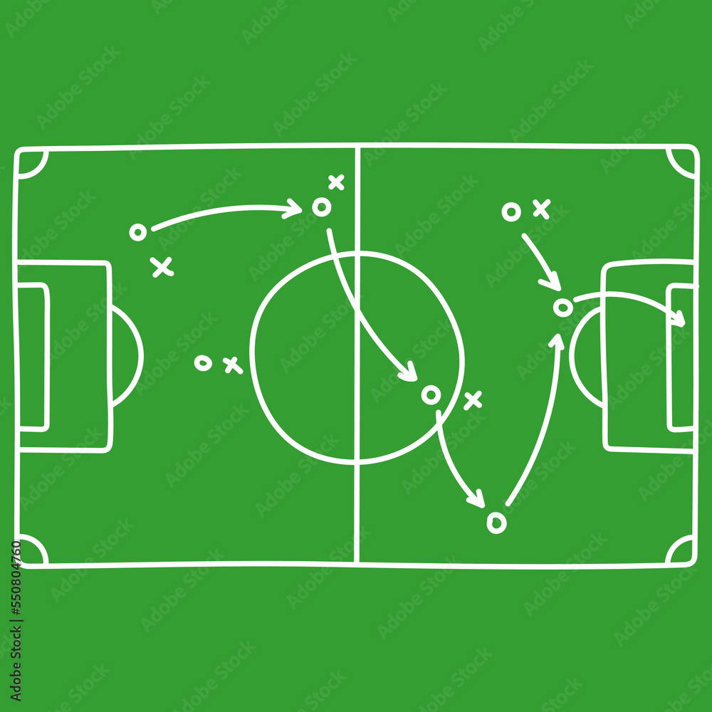 Football field with tactics scheme and game strategy arrows. Vector ...