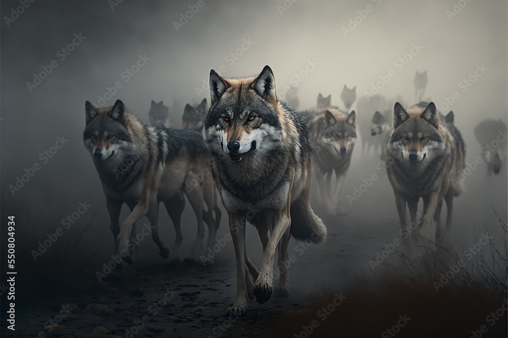 pack of grey wolves, predator in the night, wild hunter, generative ai ...