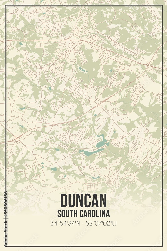 Poster Retro US city map of Duncan, South Carolina. Vintage street map ...