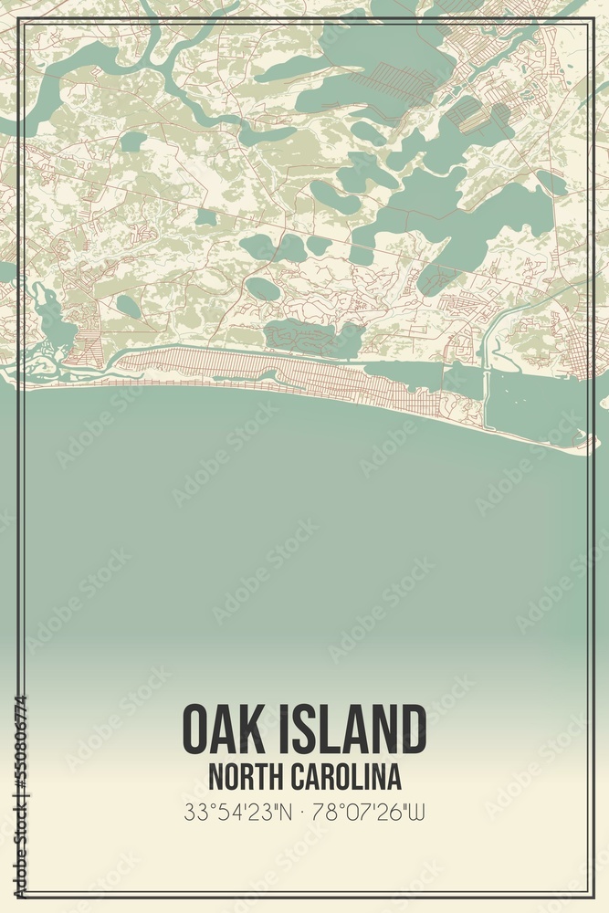 Retro US city map of Oak Island, North Carolina. Vintage street map ...