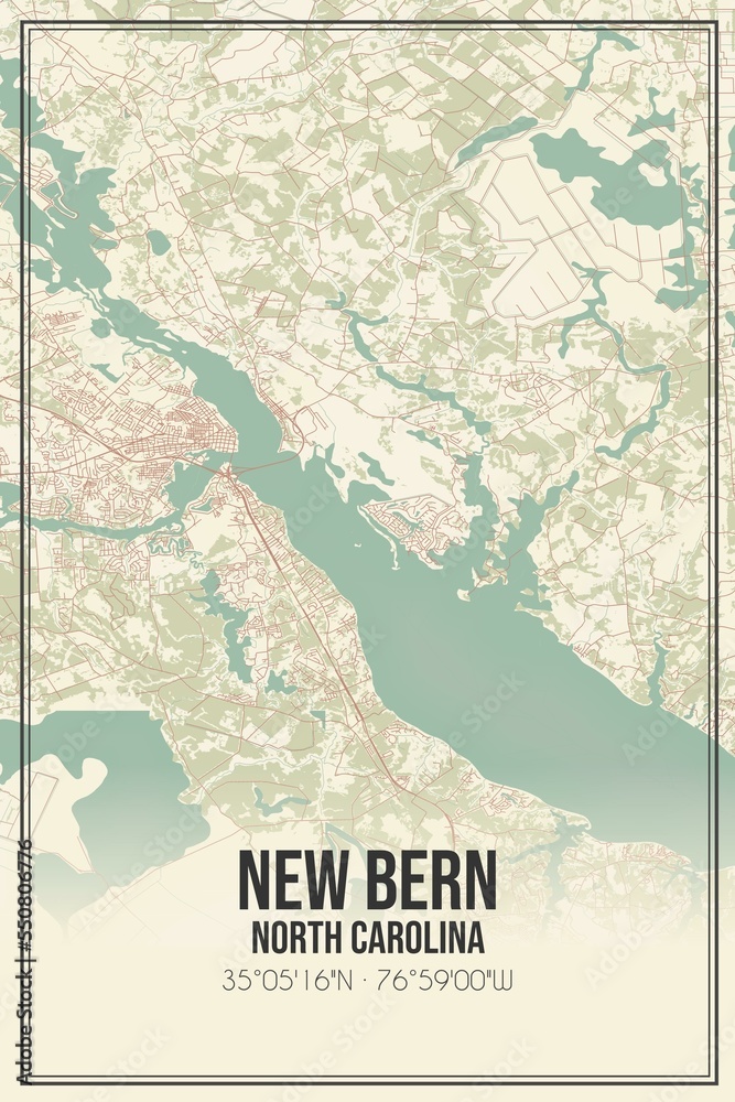 Retro US city map of New Bern, North Carolina. Vintage street map ...