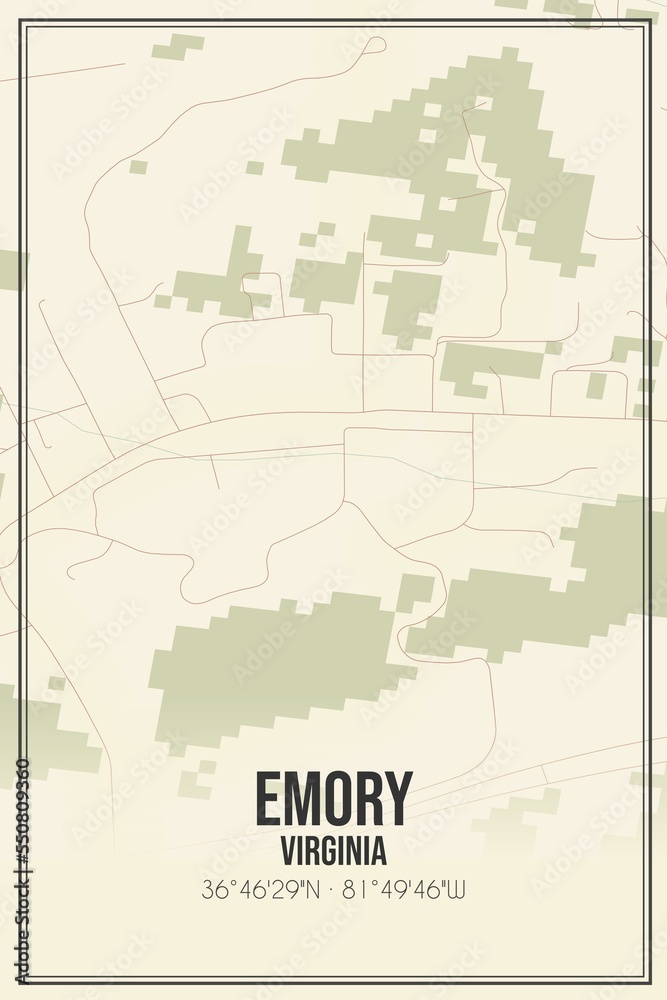 Retro US city map of Emory, Virginia. Vintage street map. Stock ...