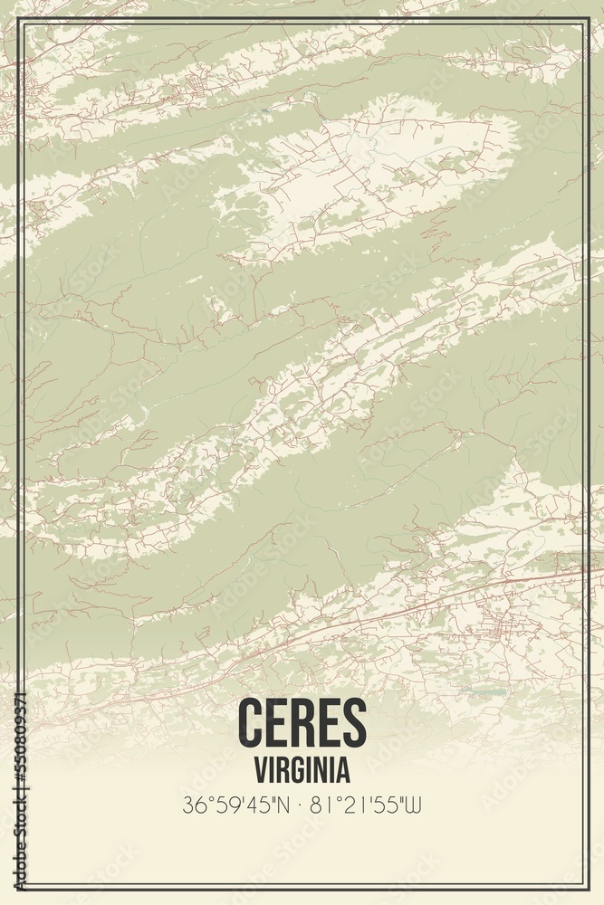 Retro US city map of Ceres, Virginia. Vintage street map. Stock ...