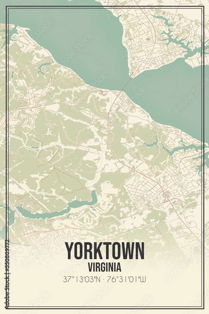 Retro US city map of Yorktown, Virginia. Vintage street map. Stock ...