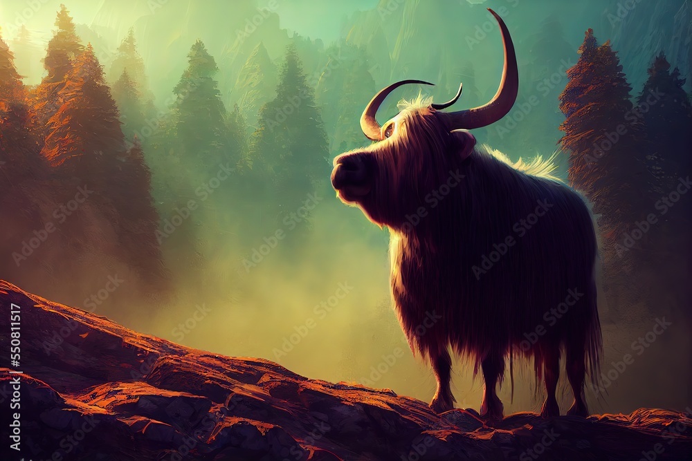 Yak animal. Portrait of an yak. Digital art style, illustration ...