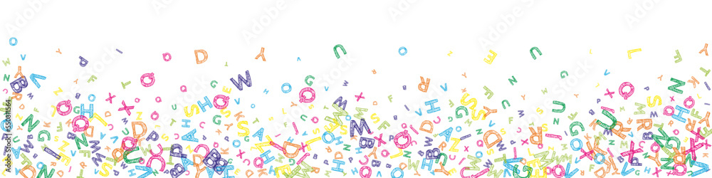 Falling letters of English language. Colorful messy sketch flying words ...