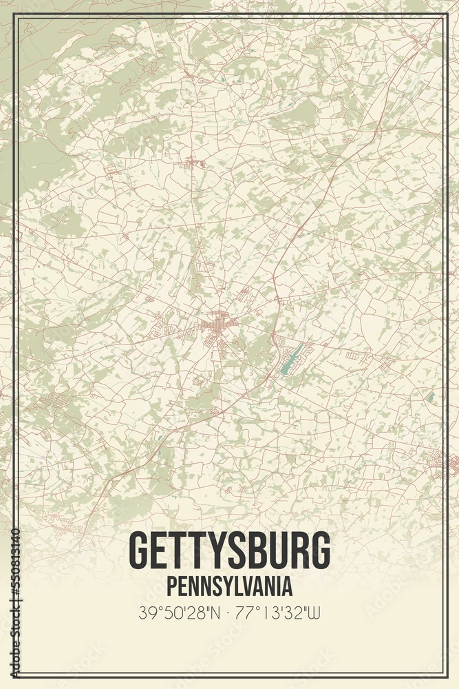 Poster Retro US city map of Gettysburg, Pennsylvania – Wall Art | UkPosters