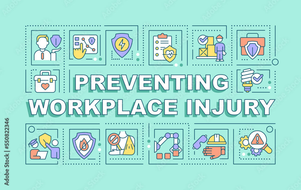 Preventing workplace injury word concepts light blue banner. Job safety ...