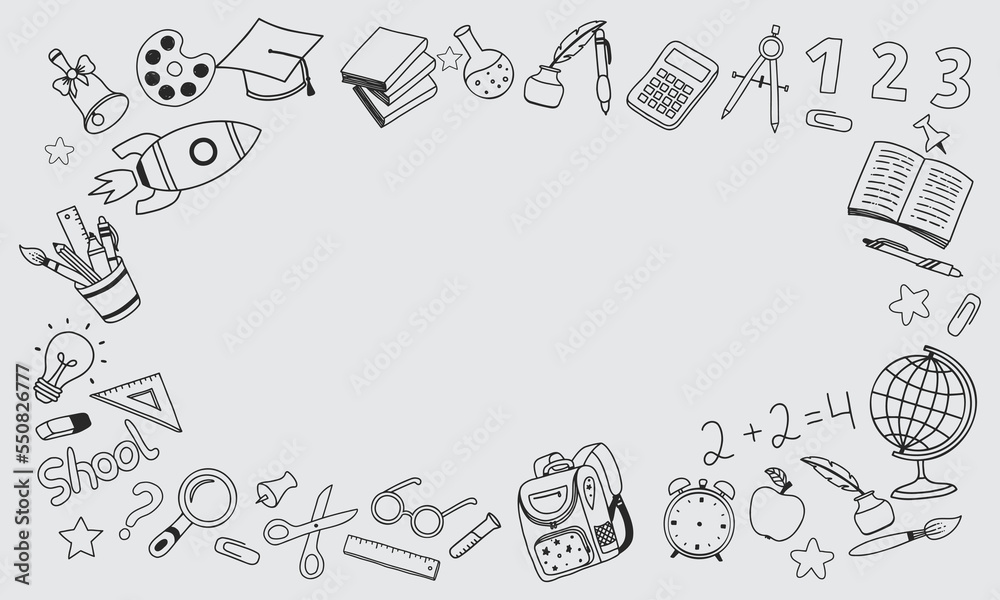 Back to school frame doodle vector illustration set hand-drawn school ...