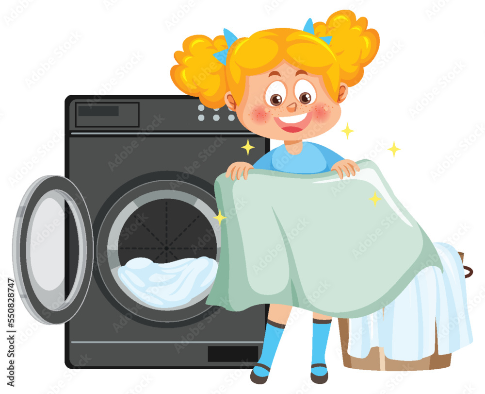 Cartoon girl doing laundry with washing machine Stock Vector | Adobe Stock
