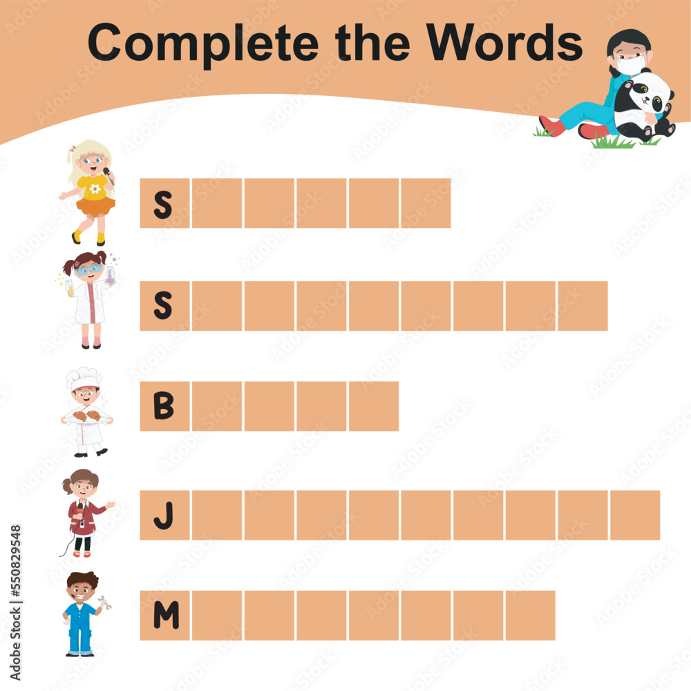 Vetor de What letters are missing? Complete the missing words ...