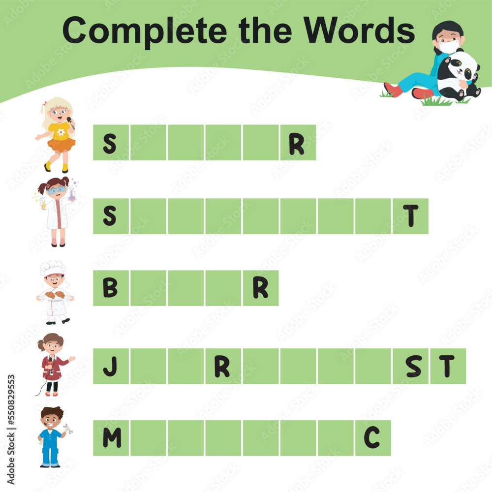 What letters are missing? Complete the missing words. Educational Word Game worksheet. Writing ...