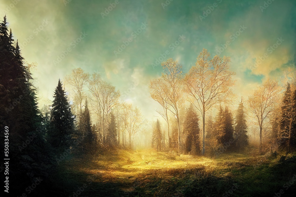 fairy tale background trees forrest sun dust landscape Stock ...