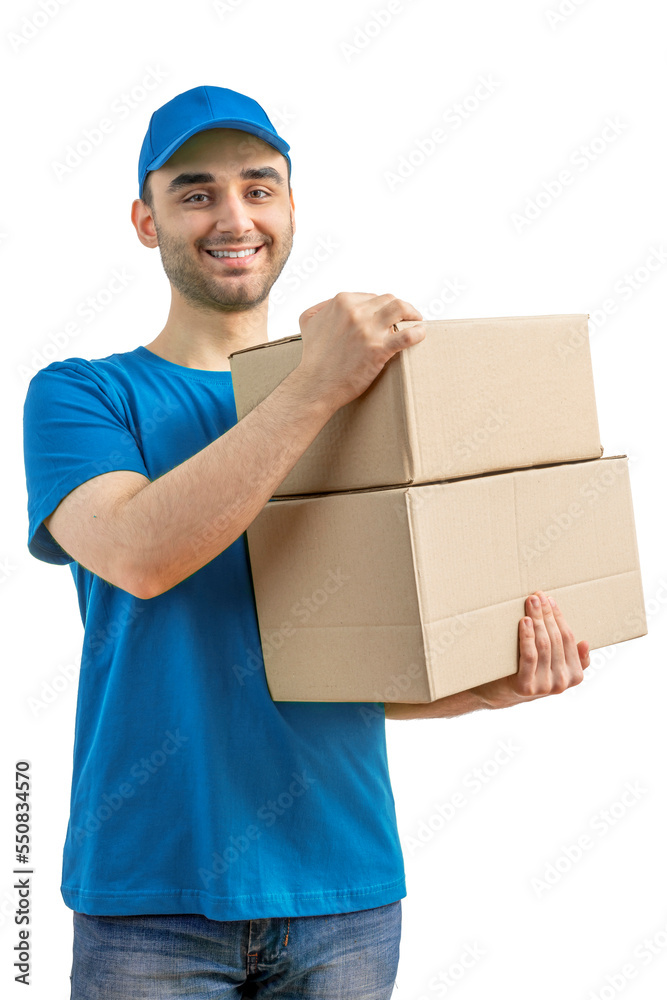 Delivery man with a box. Courier in uniform cap and t-shirt service ...