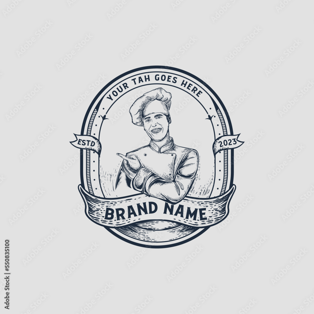 Vintage Chef man Restaurant Hand Drawing Logo. Hand Drawing Logo Design ...