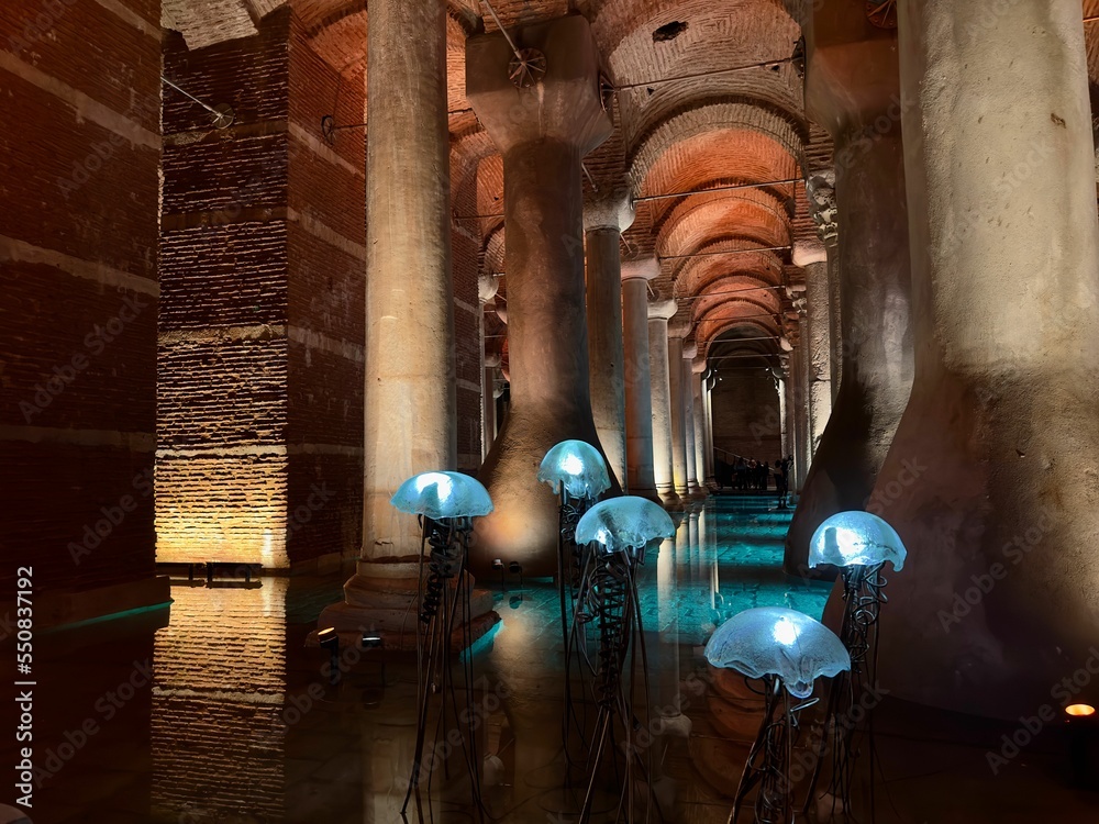 Blue glowing jellyfish statues and columns in the restored Basilica ...