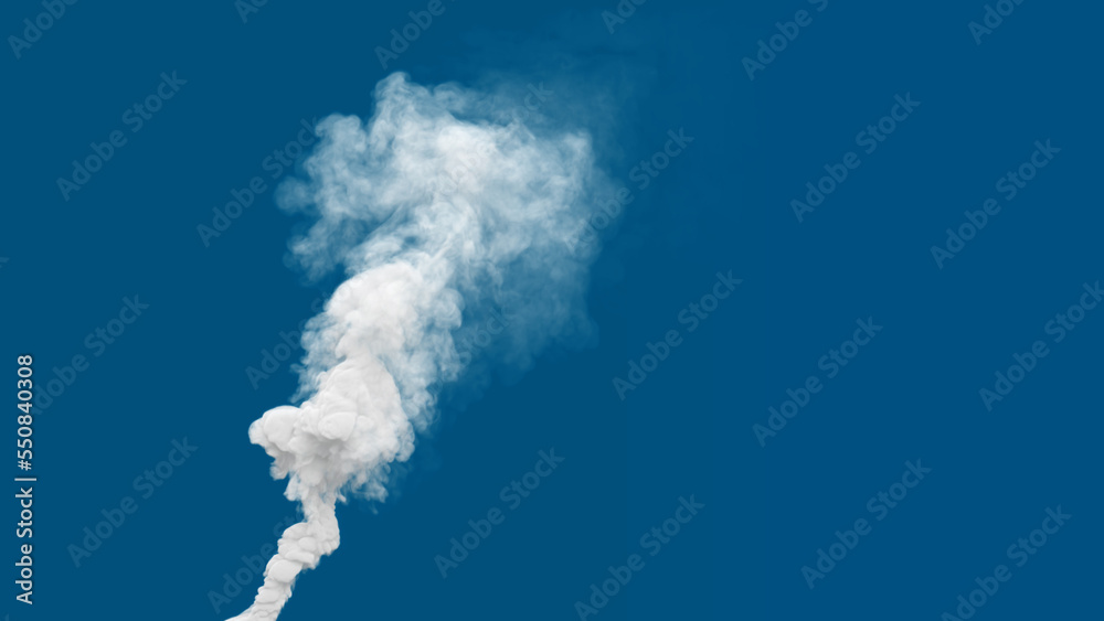 white thick carbon smoke column emission from explosion, isolated ...