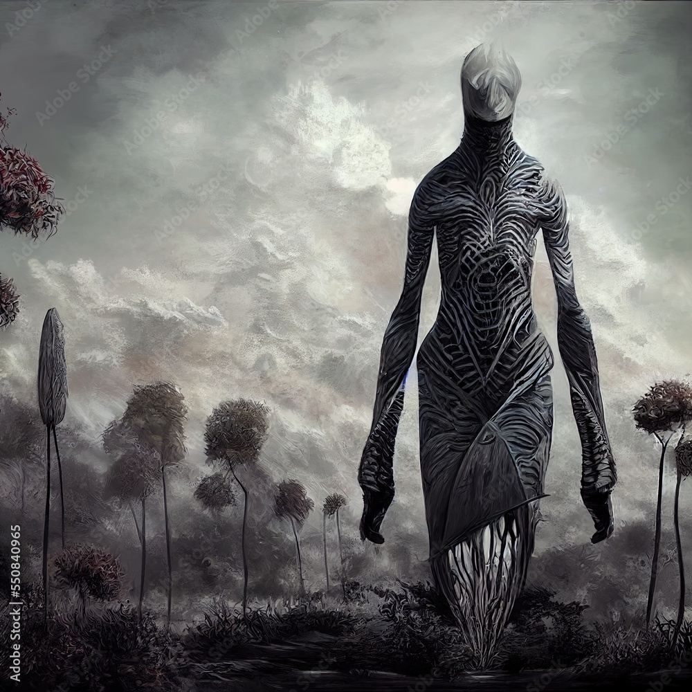 Surrealism High Dark Mysterious Figure Alien in Weird Surrounding ...