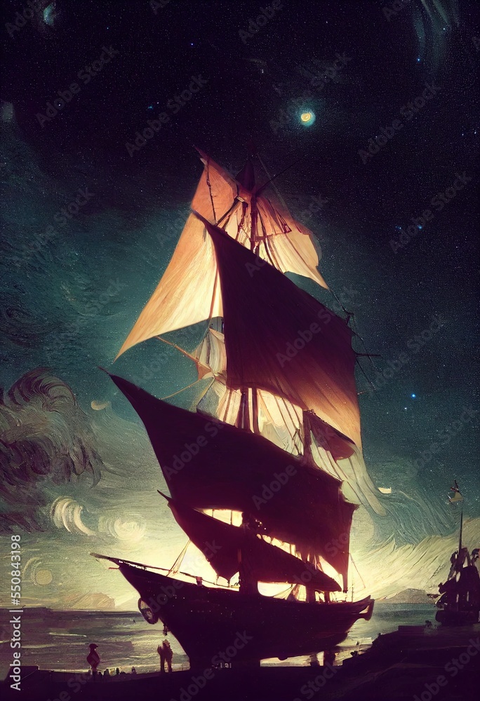 Beautiful Pirate Ship at Night under Starry Sky and Moon - Digital Art ...