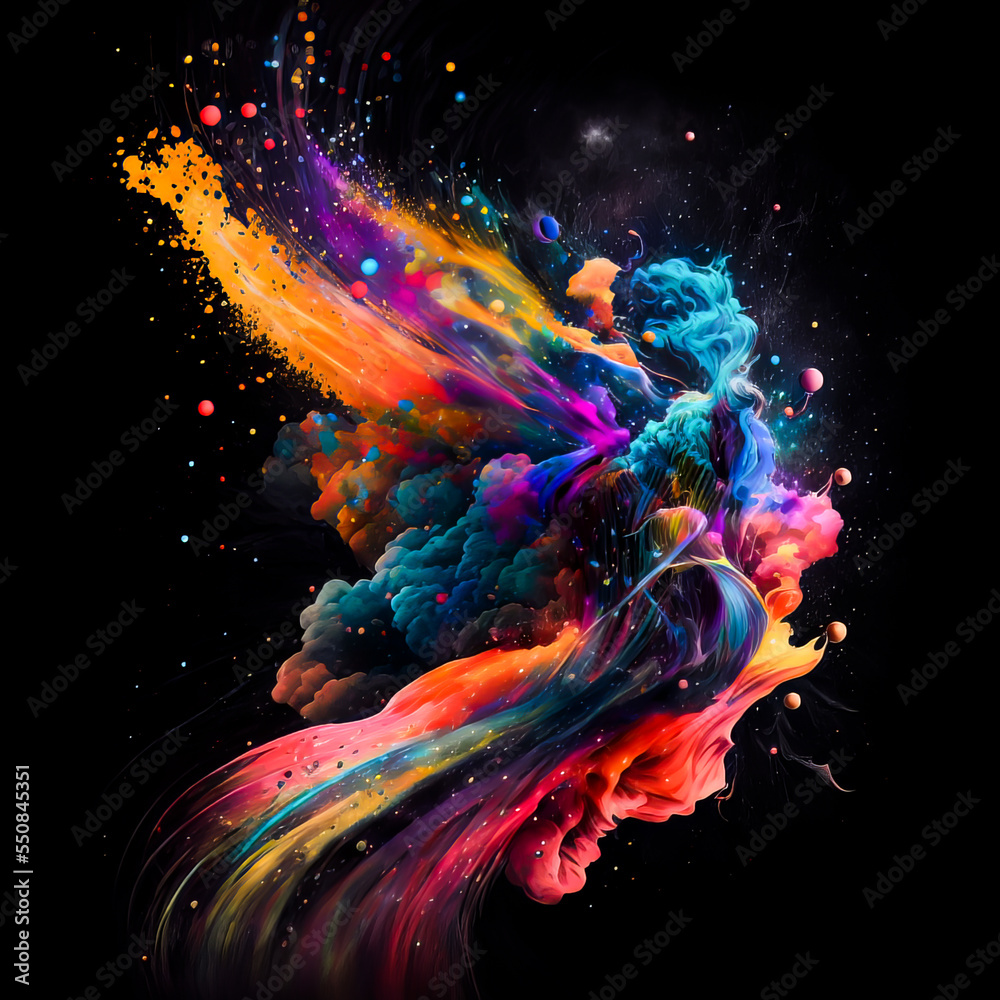 Generative AI abstract multicolor paint explosion on black background ...