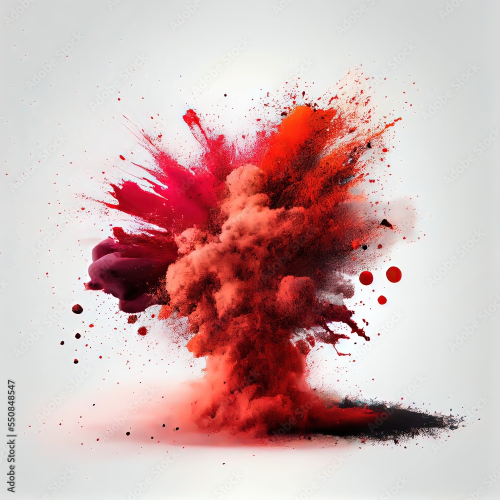 Red powder explosion on white background. Exploding isolated powdered ...
