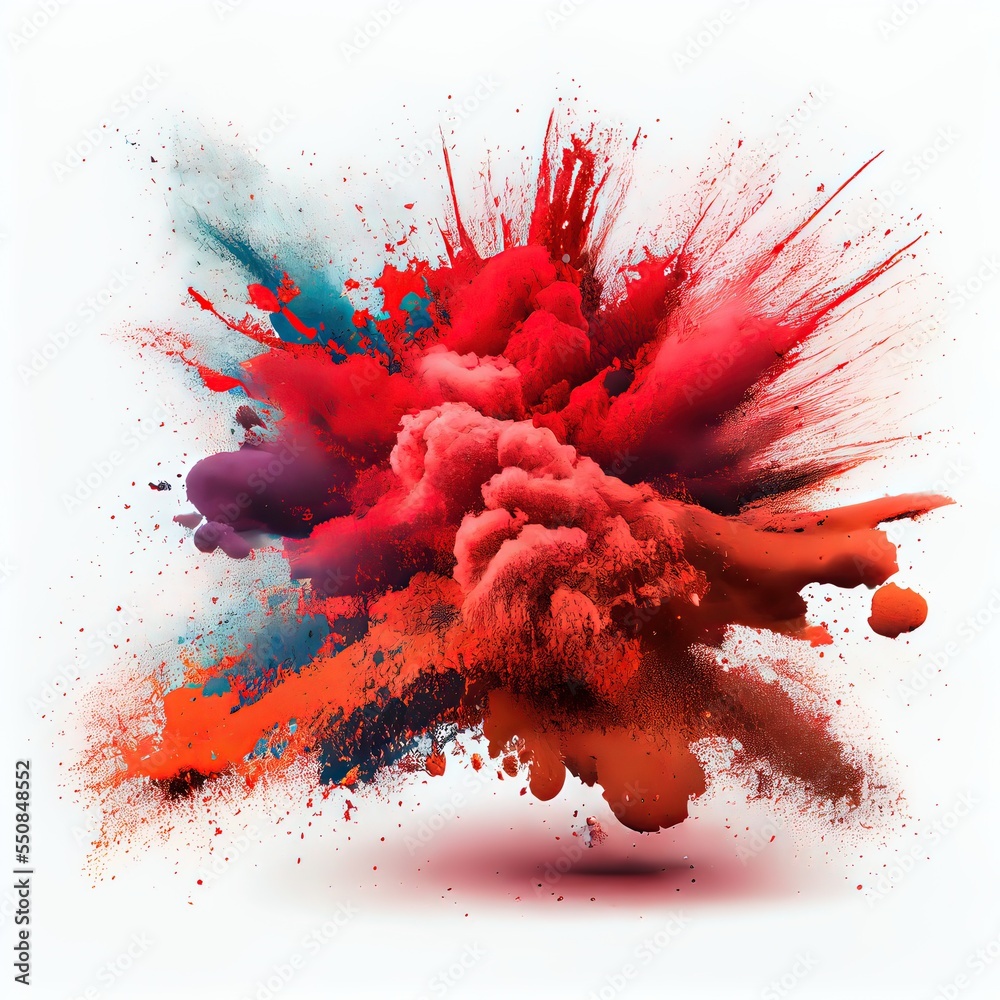 Red powder explosion on white background. Exploding isolated powdered ...