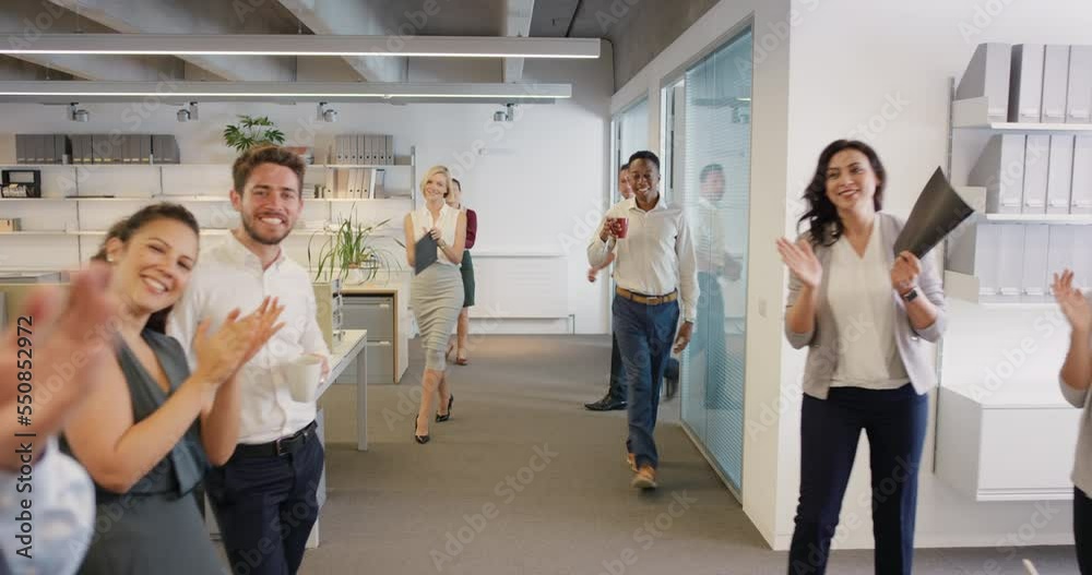 Success, congratulations and applause of business people in office after job well done or ...