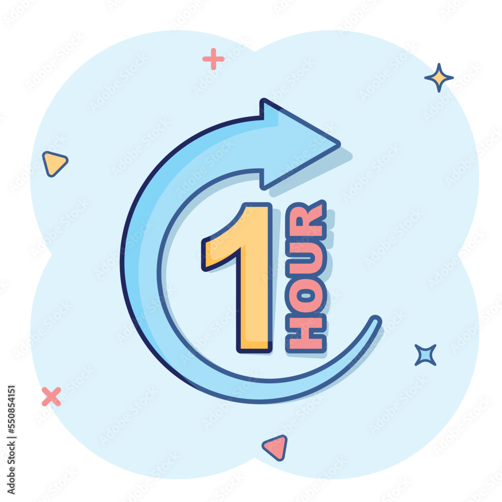 1 hour clock icon in comic style. Timer countdown cartoon vector ...