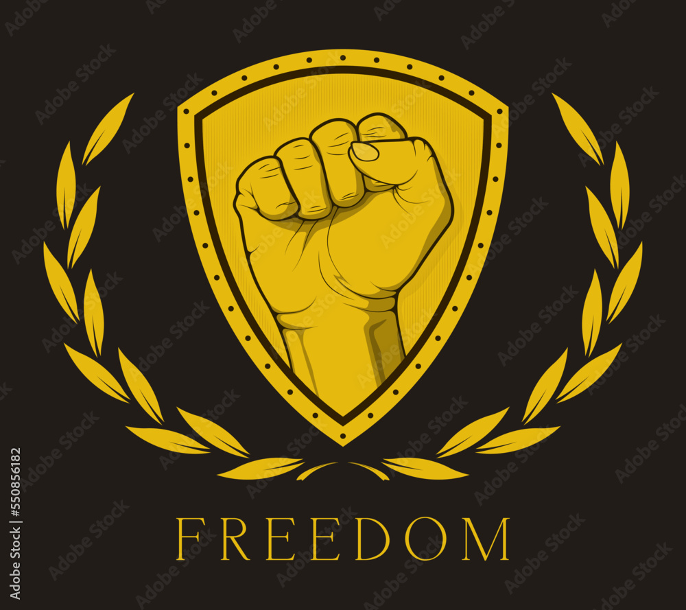 Raised Clenched Fist on Shield. Gold Symbol of Freedom, Revolution and ...