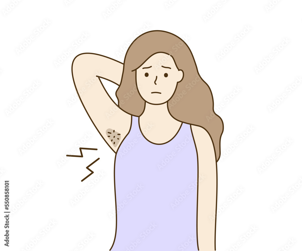 Unhappy young woman with dark hairy armpit problem. Beauty routine ...